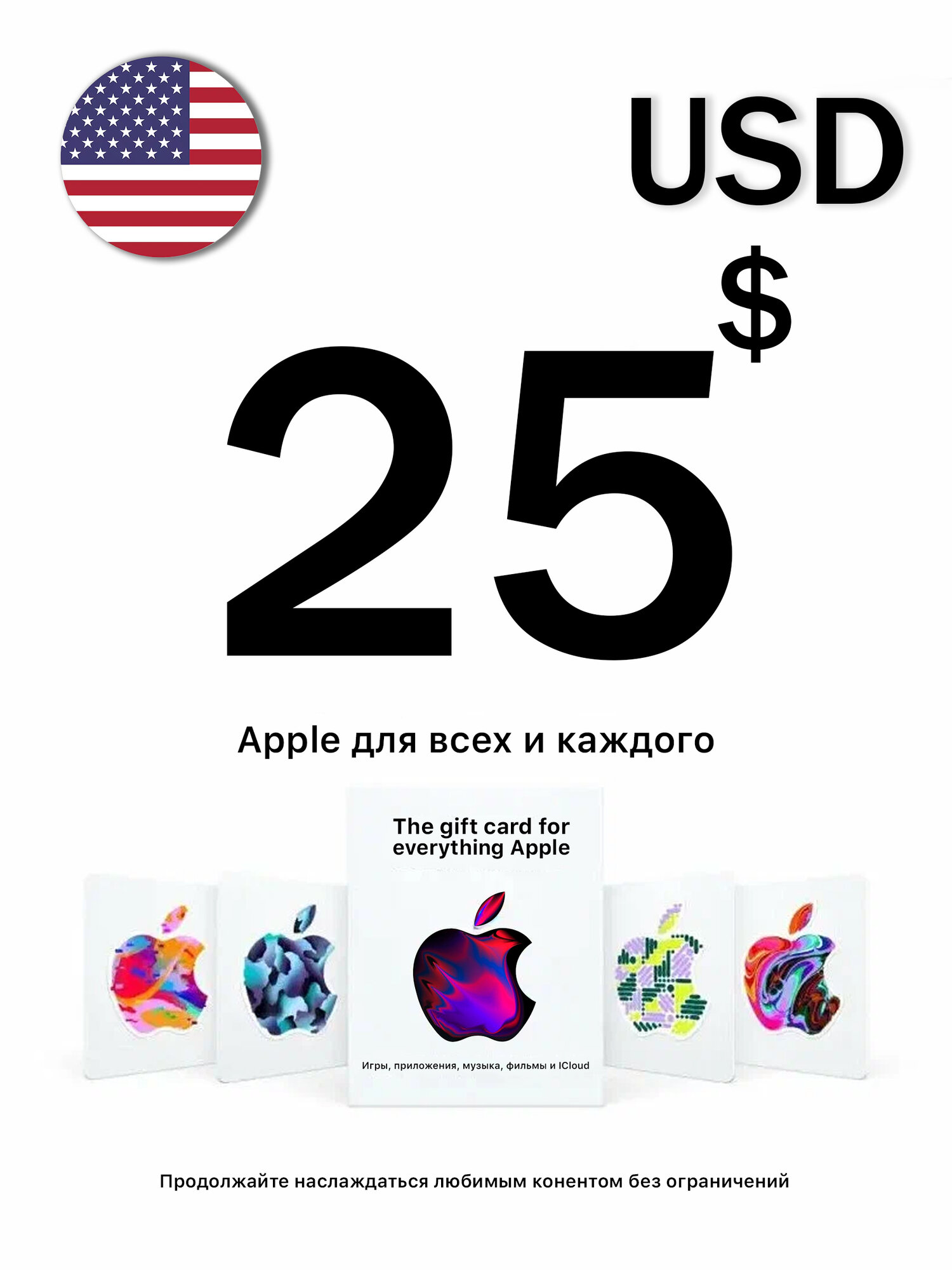 Подарочная карта Apple / Карта оплаты Apple (Пополнение счёта App Store и iTunes) на 25 долларов