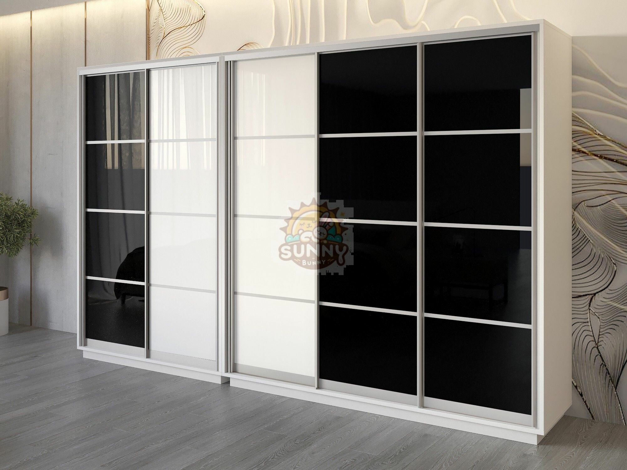 Шкаф-купе Флорида 5дв. (2+3) Стекло черное 3/Стекло белое 2, профиль серебро, 300х60х220 см. Белый снег