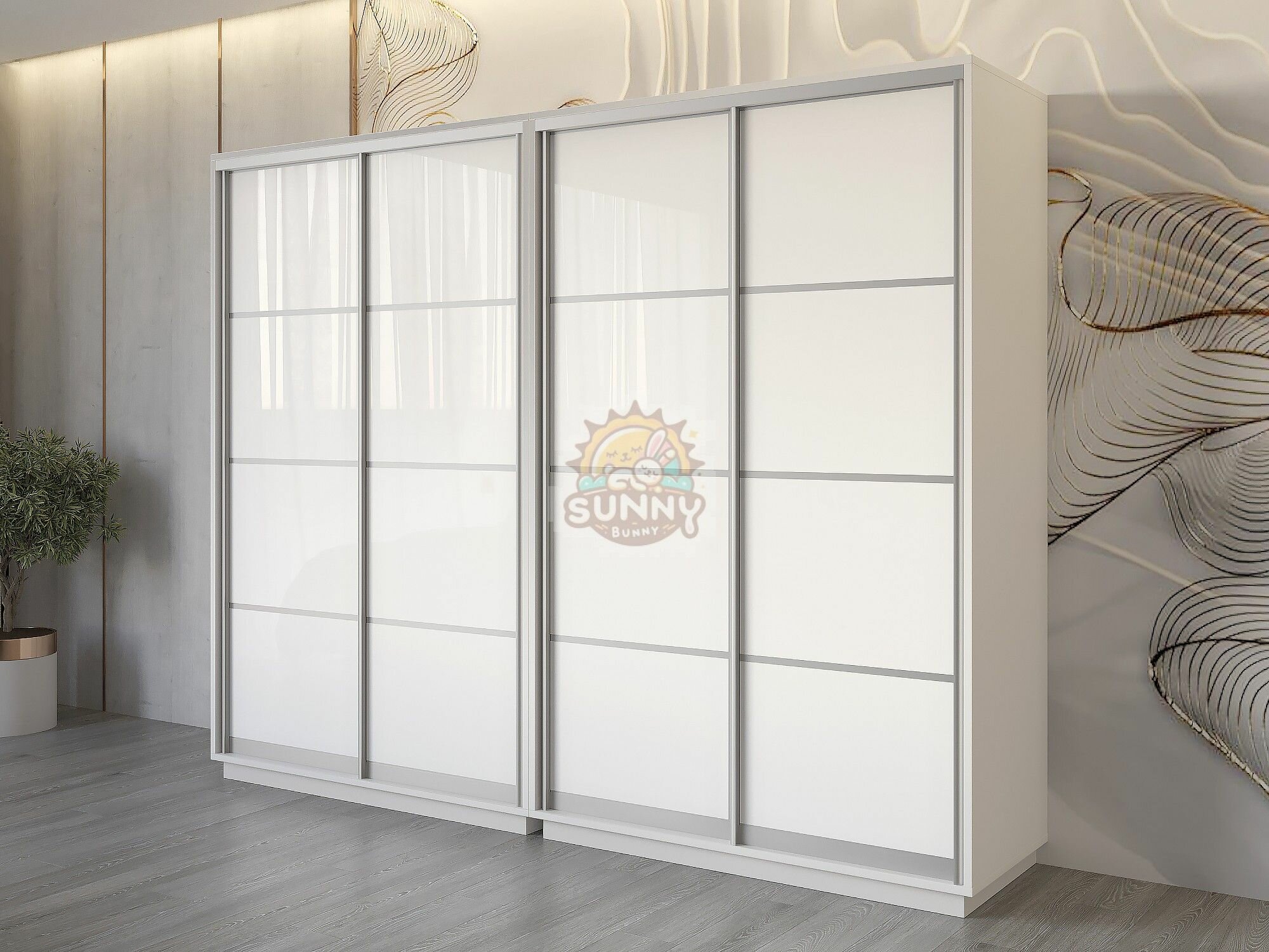 Шкаф-купе Флорида 4дв. (2+2) Стекло белое, профиль серебро, 280х60х220 см. Белый снег