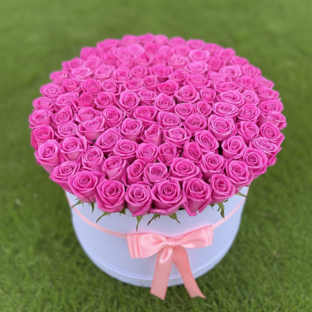 Букет цветов в шляпной коробке LuxFlowers №7, высота 50 см, 151 шт, роза Аква