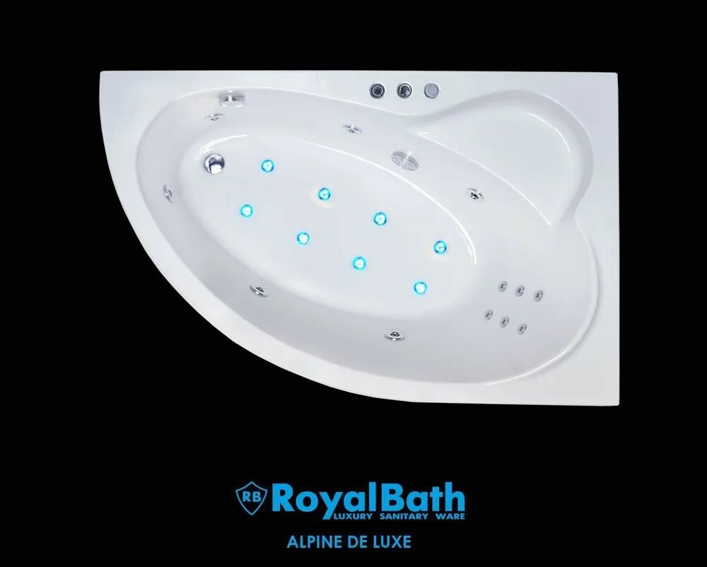 Гидромассажная ванна акриловая угловая правая Royal Bath Alpine 150x100x58 с каркасом и панелью DE LUXE