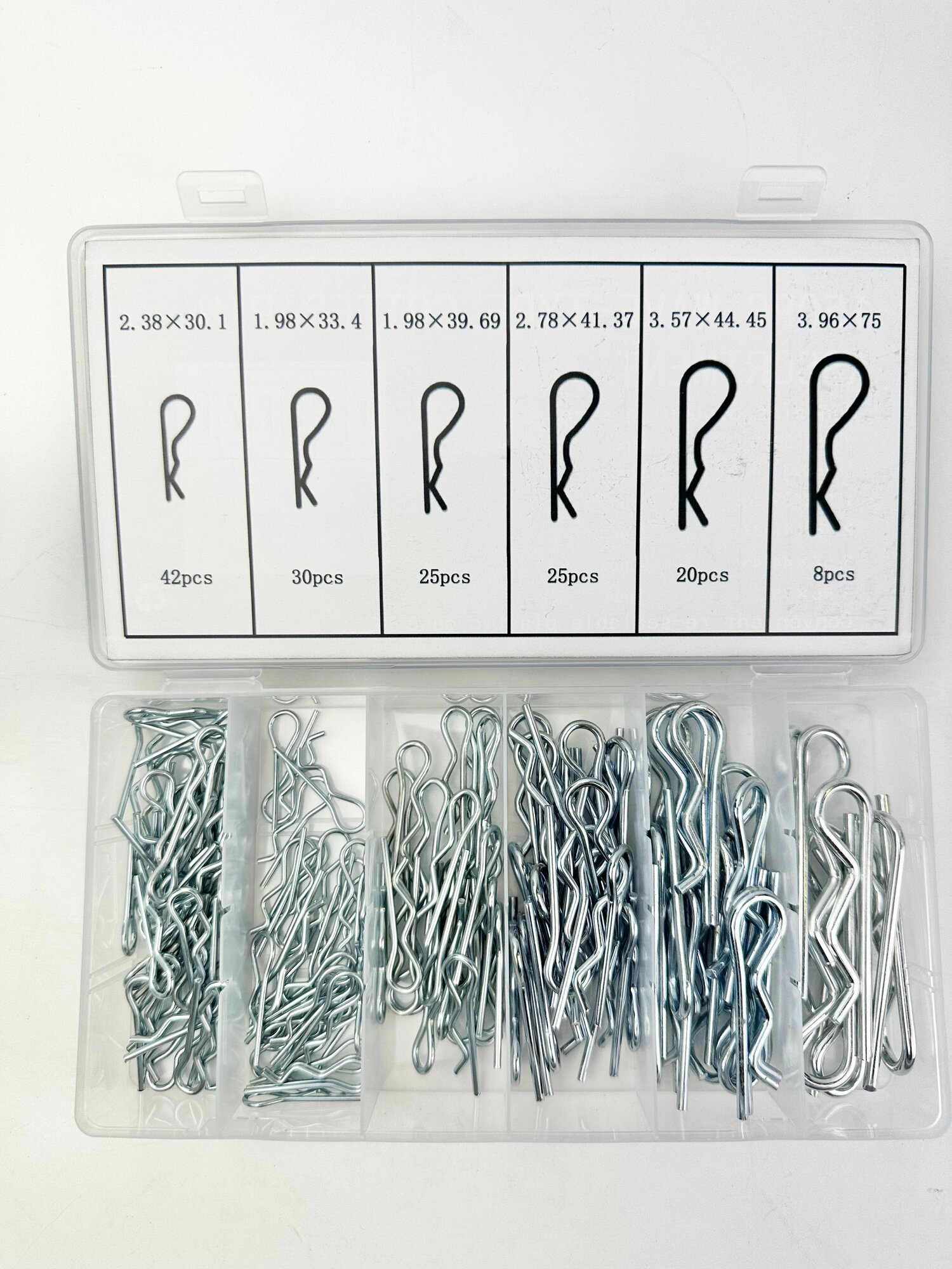 Набор шплинтов с фиксацией, 2.38-3.96 мм диаметр и 30.1-75 мм длина,150 предметов из оцинкованной стали, кейс с индивидуальными отсеками, шплинт
