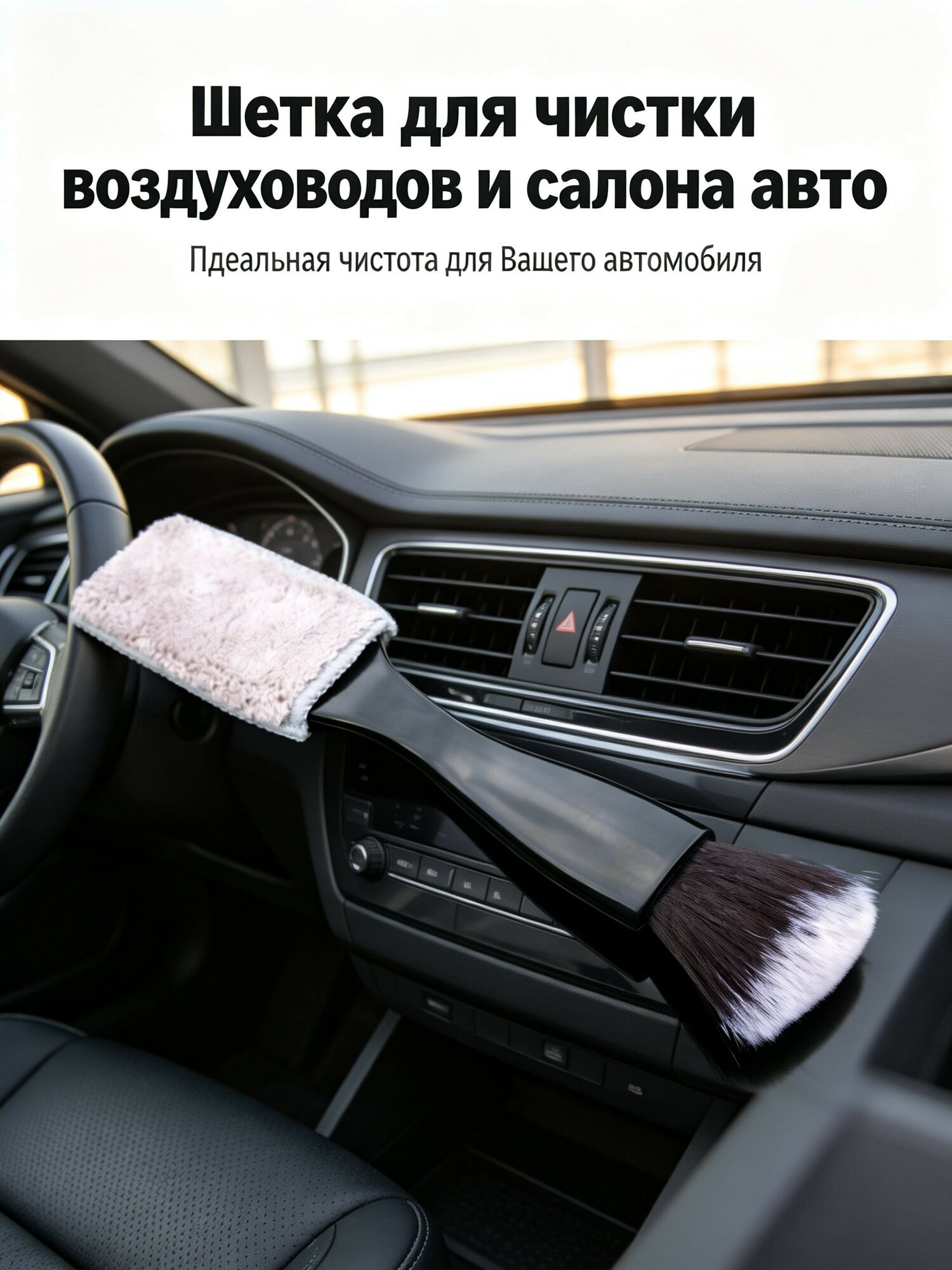 Кисть-щетка для чистки салона авто — дефлекторов, решеток; мягкая щетина и обратная сторона с микрофиброй для стыков