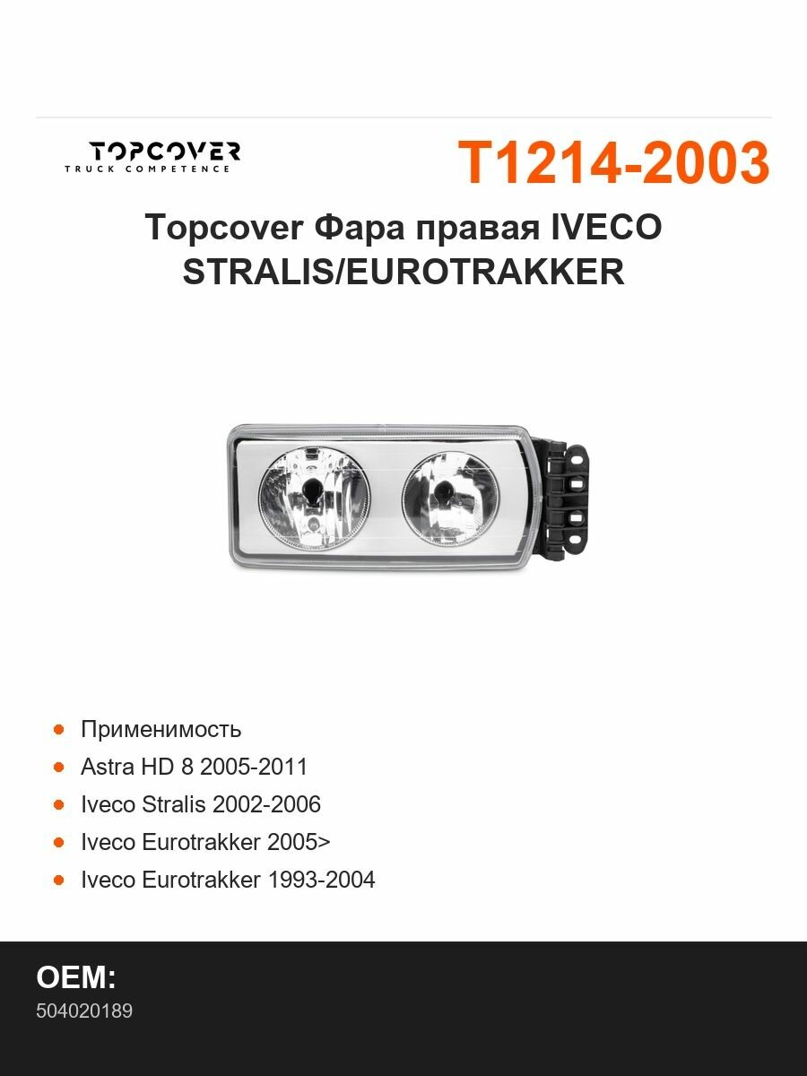 Topcover Фара правая IVECO STRALIS/EUROTRAKKER