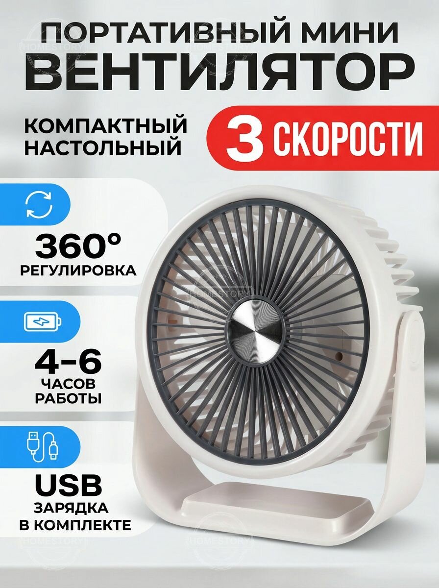 Мини вентилятор портативный компактный 3 скорости обдува
