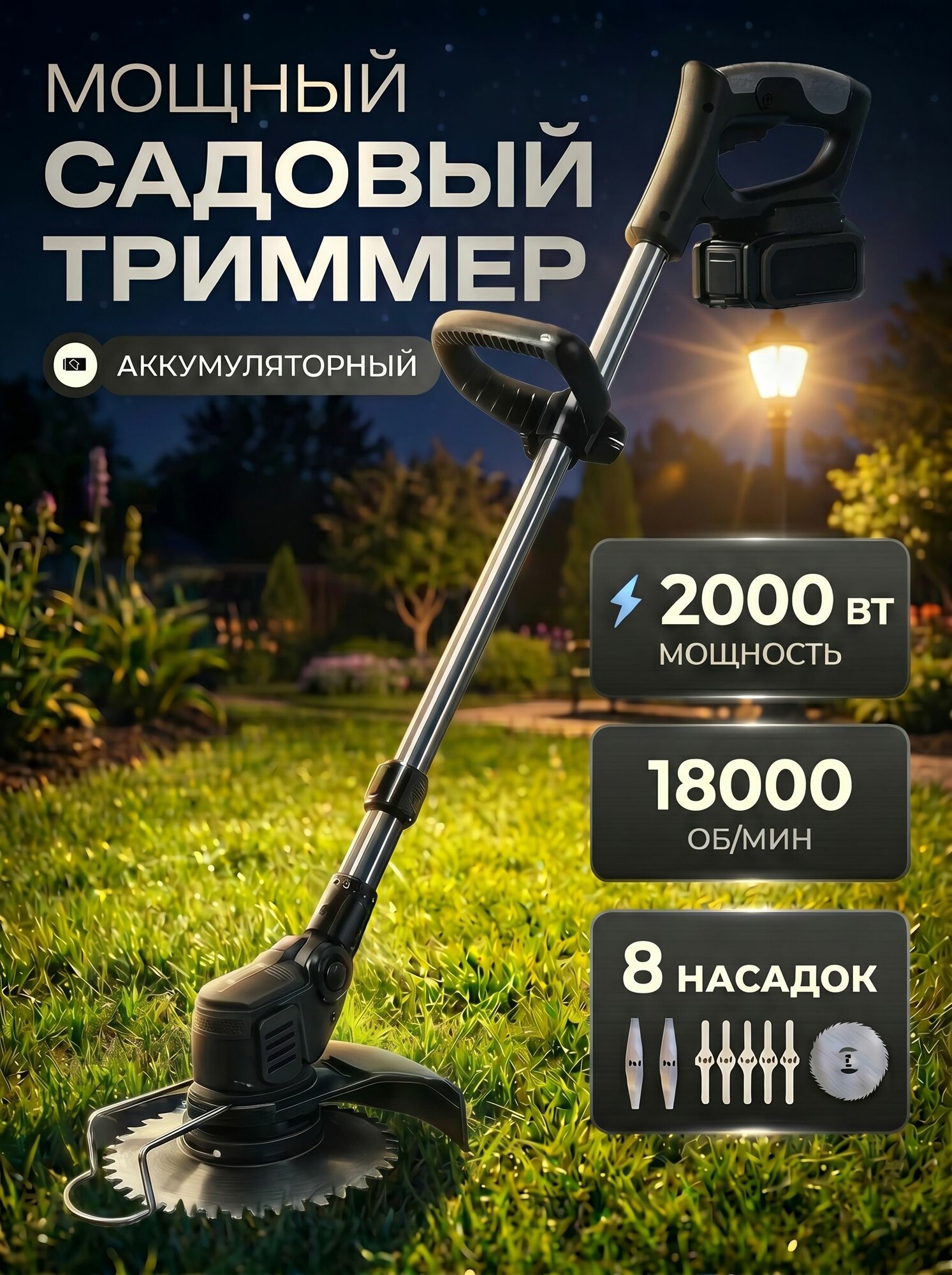 Триммер аккумуляторный садовый с двумя аккумуляторами, газонокосилка ручная 20000 об. мин