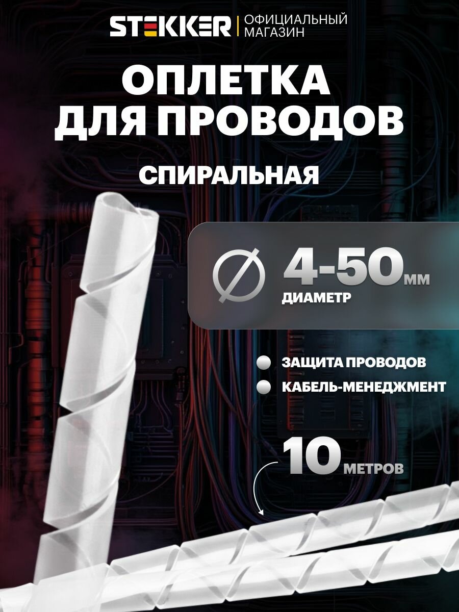 Оплетка для проводов спиральная 10 метров, прозрачная, диаметр пучка 4-50 мм, органайзер для проводов, кабель-менеджмент, Stekker, 49280