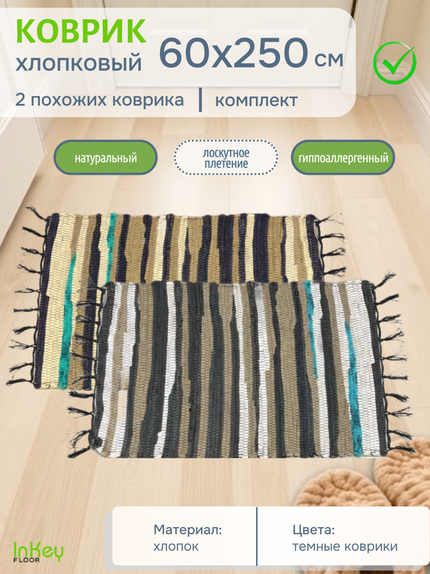 Коврик для бани InKey FLOOR, 100% Хлопок, Антискользящий, Антибактериальный, 60x250см 2 штуки