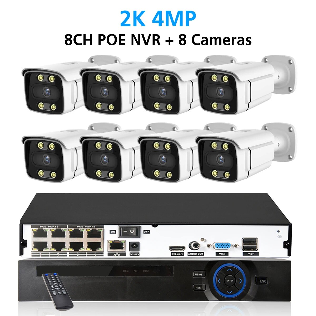 Система видеонаблюдения 8CH 4K с регистратором NVR, камера IP 8MP с распознаванием лиц, цветной ночной вид, POE, 2K, двусторонний аудио-видеонаблюдение
