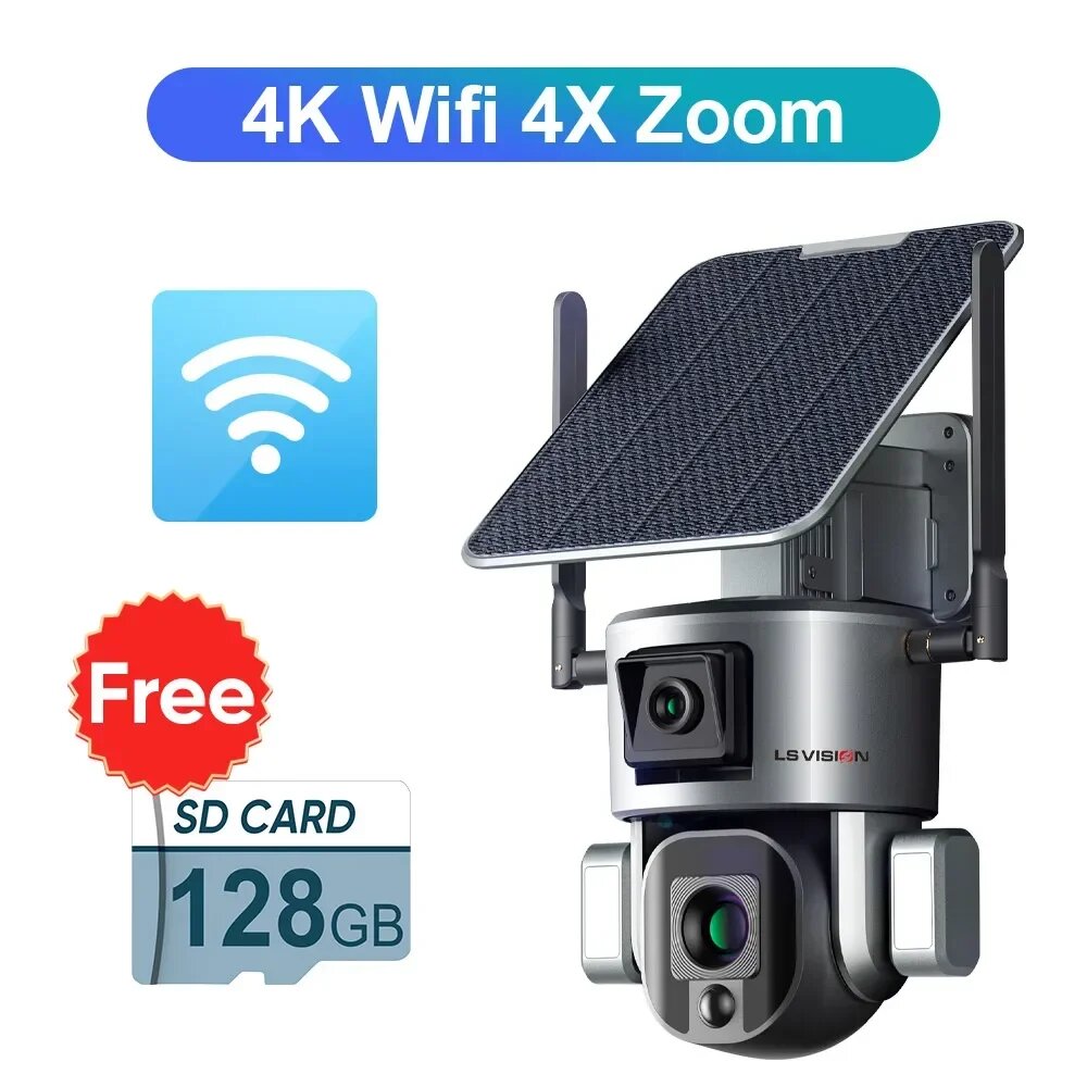 LS VISION 4K UHD Двухлинзовая 4G Солнечная Безопасностная Камера Наружная 4X 20X Оптическое Зумирование WiFi Камера Автоматическое Слежение Двусторонний Аудио CCTV Камера