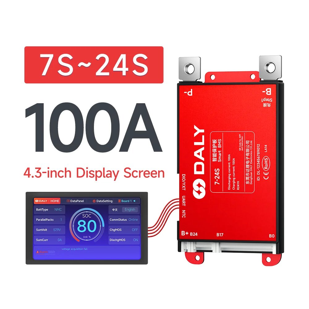 Daly Smart BMS 4.3-дюймовый ЖК-дисплей UART 4S 7S 8S 13S 14S 16S 17S 20S 24S со 7S-24S 100A 4.3LCD