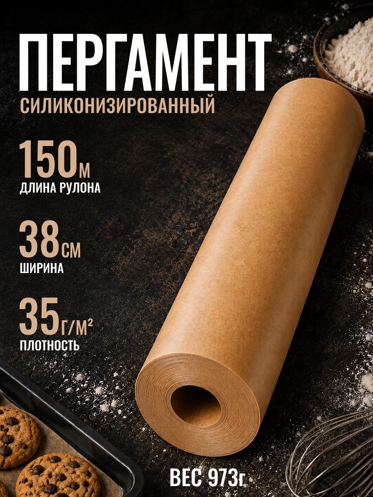 Бумага для выпечки силиконизированная пергамент 150м 38см 35г/м коричневая