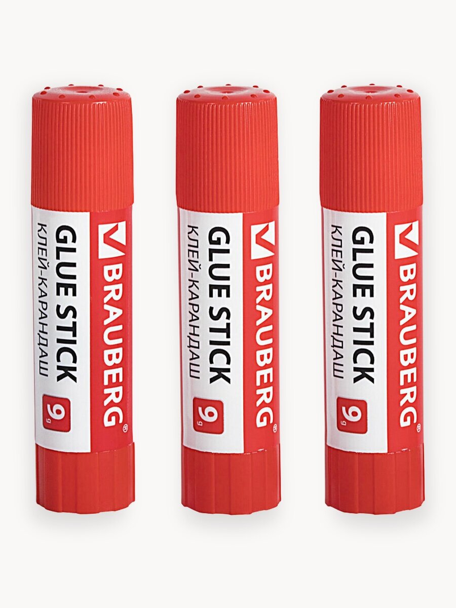 Клей-карандаш канцелярский для бумаги и картона 9 г Brauberg, 3 штуки, 271305