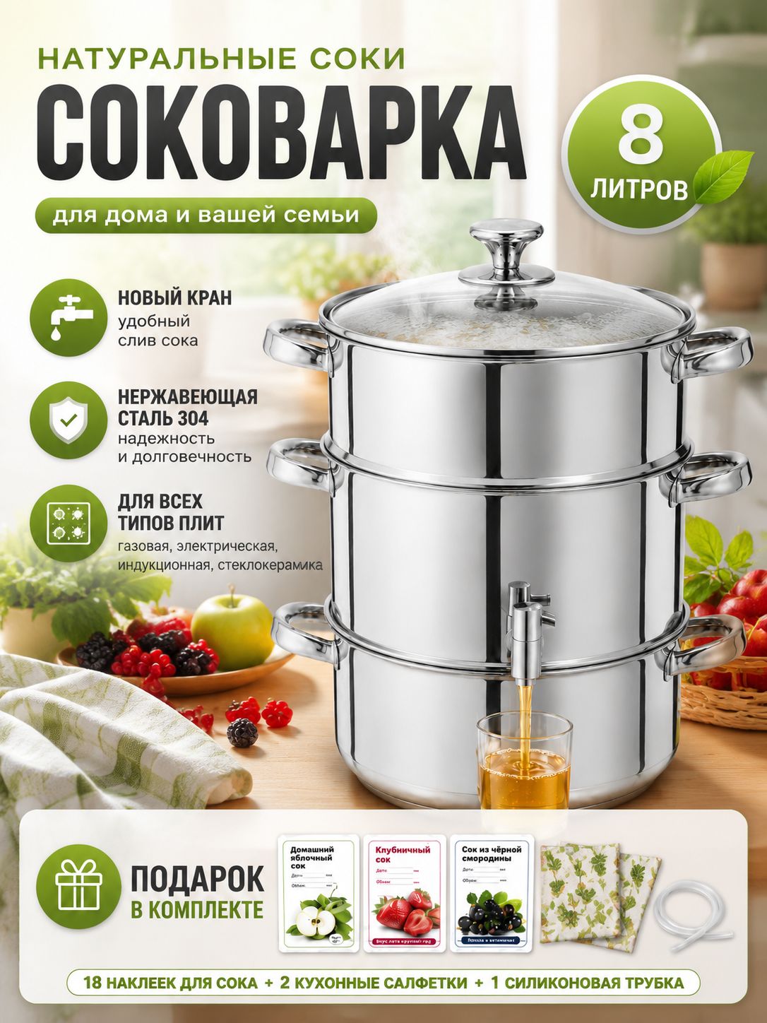 Соковарка 3 яруса 8 л нержавеющая сталь