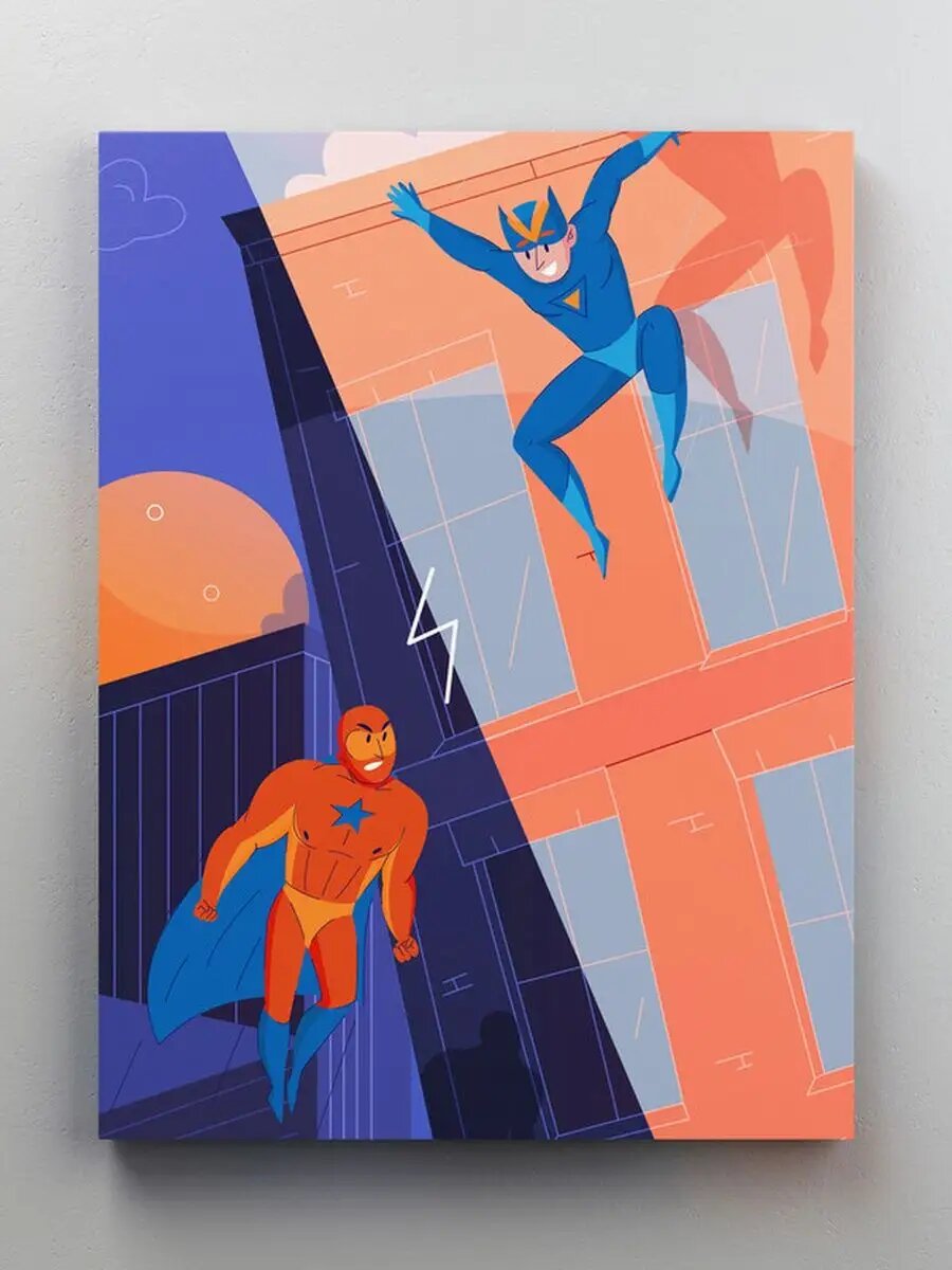 Интерьерная картина на холсте "Комиксы - супер герои спасают город" размер 30x40 см