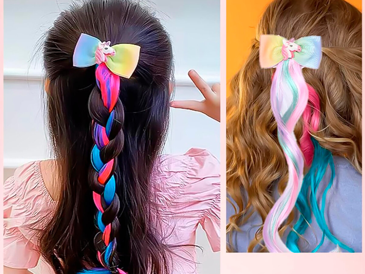 Заколка-бантик "Единорог с цветными прядами", яркие разноцветные пряди