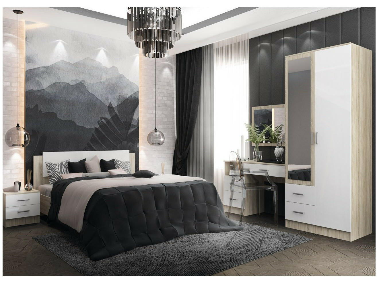 Модульная спальня, из ЛДСП, композиция 3 (Белый глянец/Дуб Сонома)