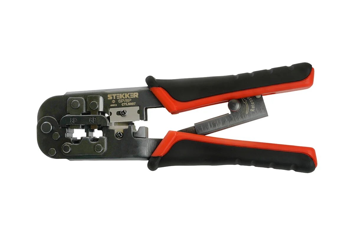 STEKKER КримперCTLS007 для обжима RJ разъемов RJ-45 (8P8C), RJ-12 (6P6C) и RJ-11 (6P4C и 6P2C), черный/красный, 49613