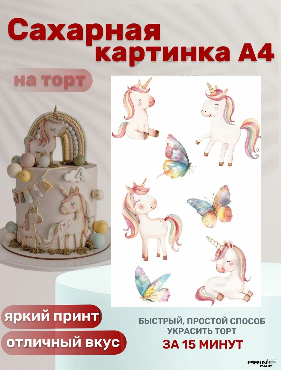 Сахарная картинка для торта Единороги/Пони на день рождения. Декор для выпечки, украшения для торта девочке.