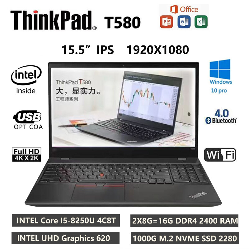 Подержанный ноутбук 15.5" LENOVO Thinkpad T580 ( CORE i5-8250U CPU+2X8GB RAM+1000G M.2 NVME SSD+INTEL UHD Graphics 620 Видеокарта ; 1920X1080 IPS +WIFI плюс Bluetooth ) Win 10 pro