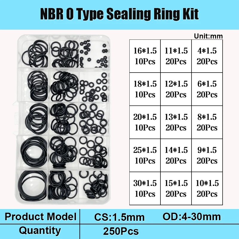 NBR O-Ring Комплект, CS 1.5mm, OD 4-30mm, 250шт