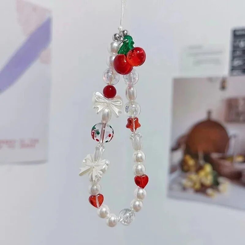 Корейский милый красный вишневый бант с жемчугом, цепочка для телефона, ремешок с подвеской на запястье, подвесной шнур, браслет, брелок для мобильного телефона