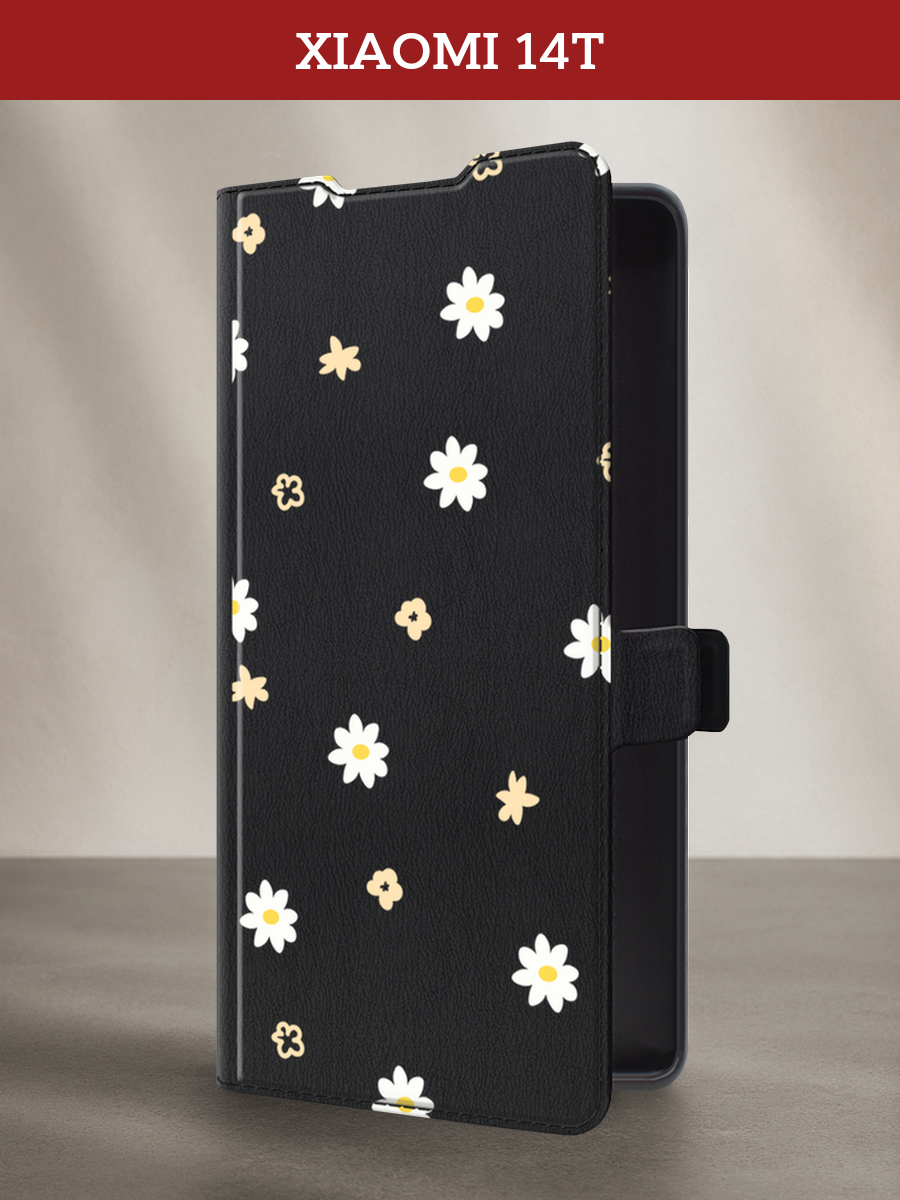 Чехол-книжка на Xiaomi 14T / Сяоми 14Т с принтом Паттерн из ромашек рисунок, черный