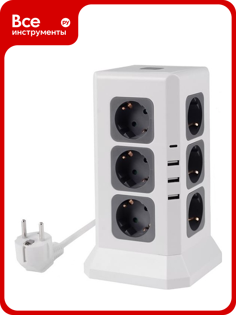 Удлинитель ROCKETSOCKET Tower Extended 12 Euro 16A, 4 USB 3A+C с блоком 5В/3.4А, кабель 2,0 м цвет белый GNS5004, 5 В