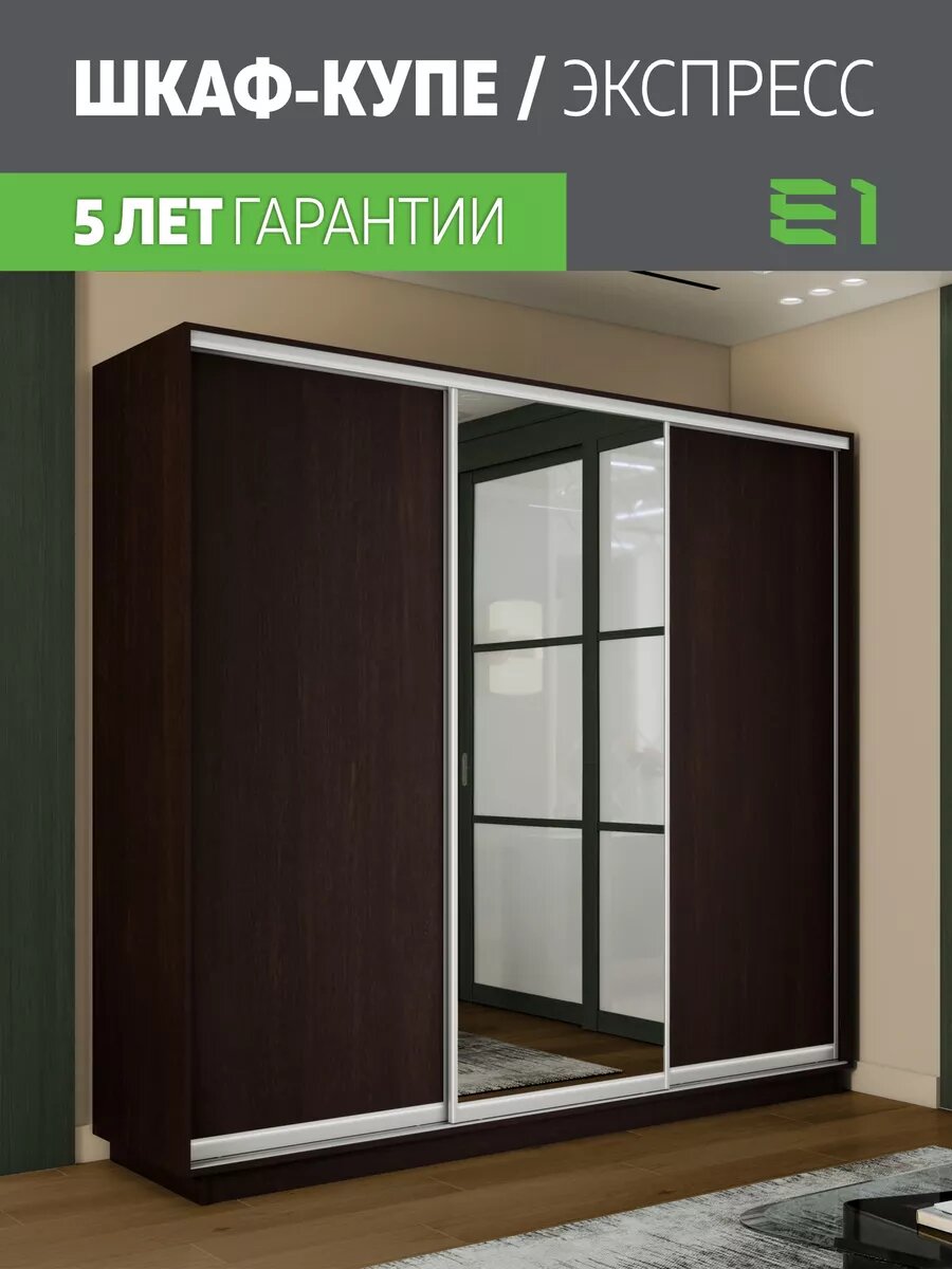 Шкаф-купе Е1 Экспресс трехдверный, 2 лдсп/зеркало, 210х45х220, темно-коричневый