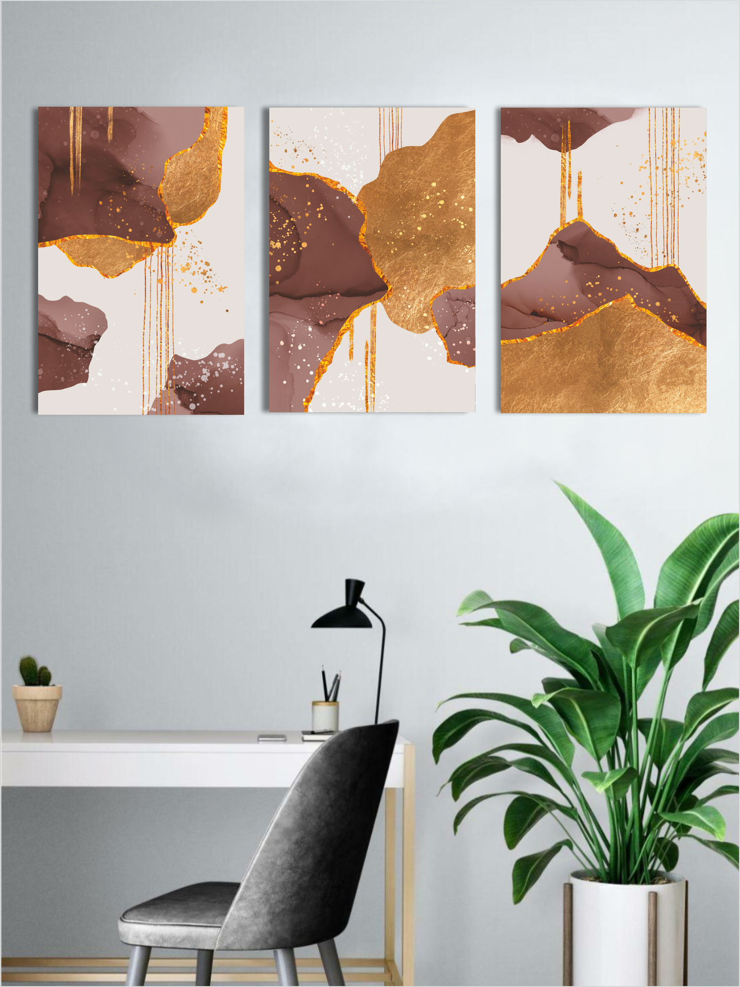 Модульная картина для интерьера на стену минимализм. Коричневые пятна с золотым акцентом 50х75 см - 3 штуки на холсте на подрамнике