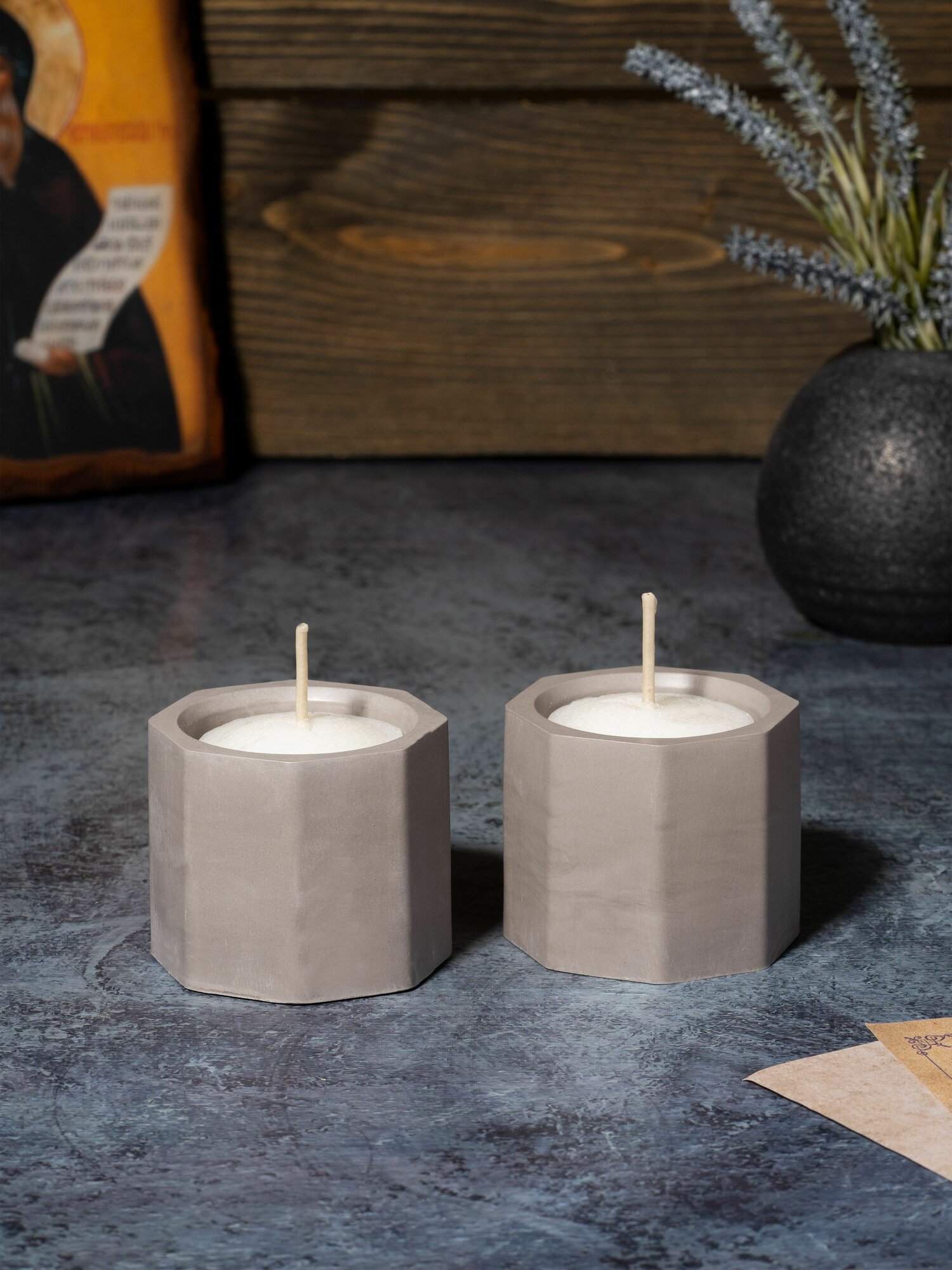 Кашпо серое гипсовое 2 шт, подсвечник для свечей и суккулентов