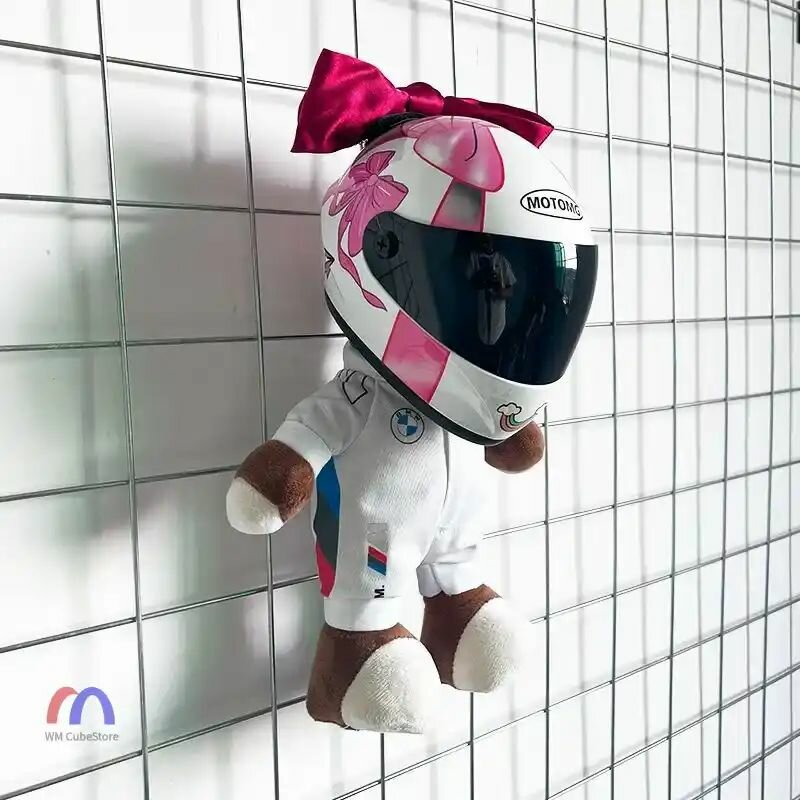 Плюшевая игрушка медведь-мотоциклист с шлемом 30 см — украшение для мотоцикла и интерьера