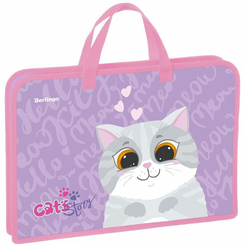 Папка с ручками 1 отделение, А4 Berlingo Cute cat, 340*245*40мм, пластик, на молнии, PTA44033/336619