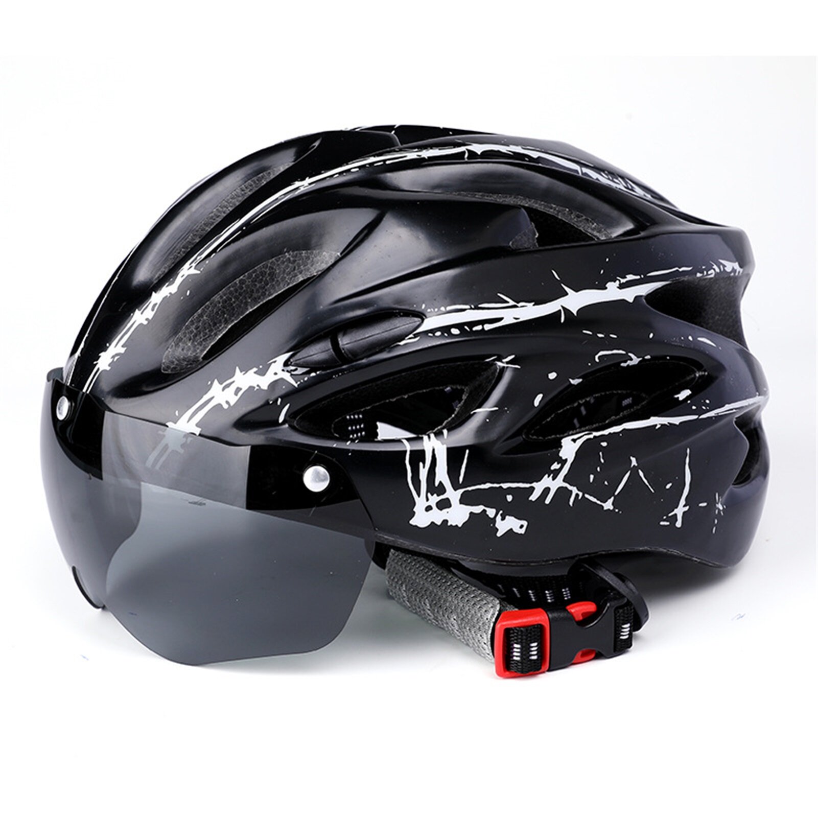 Road Bike Helmet Good Protection Safety Buckle Impact Resistance Cycling with Goggles for Race Black White