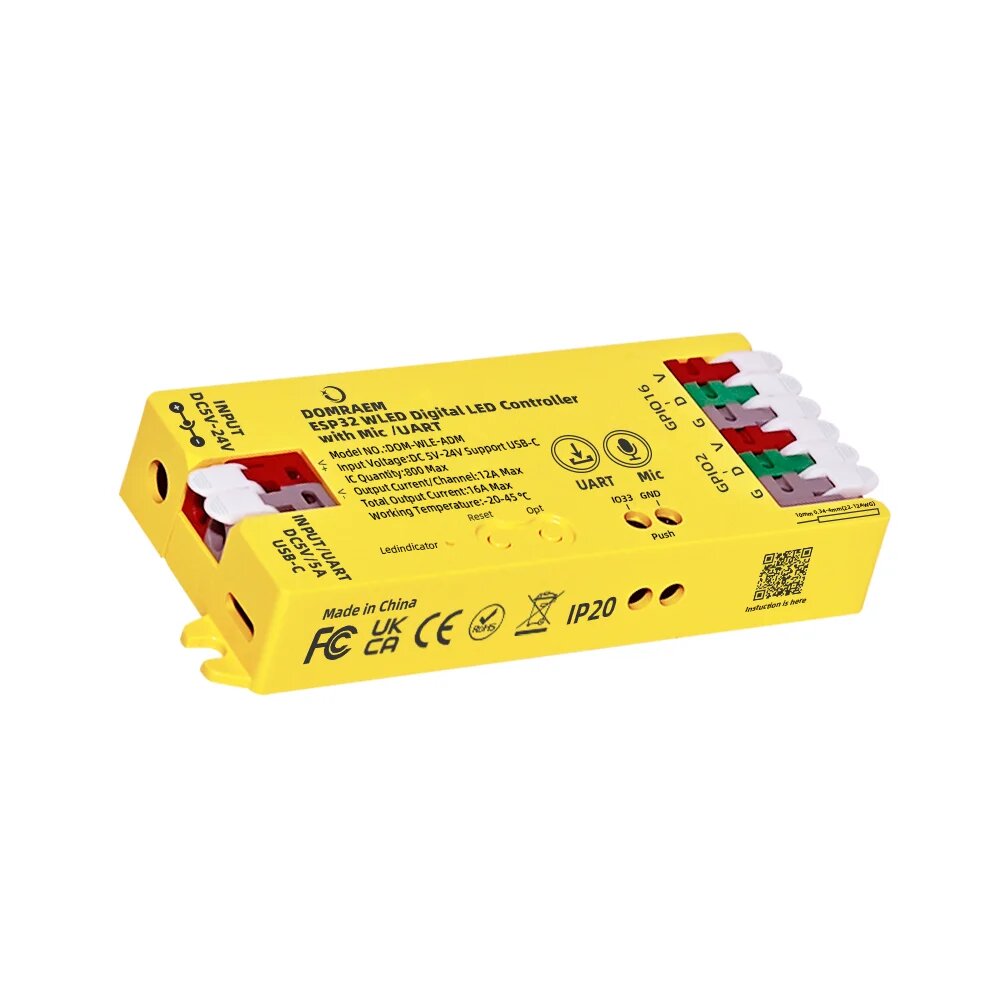 RGB-контроллер DOMRAEM ESP8266/ESP32 USB-C Желтый, Yellow ESP32Mic UART