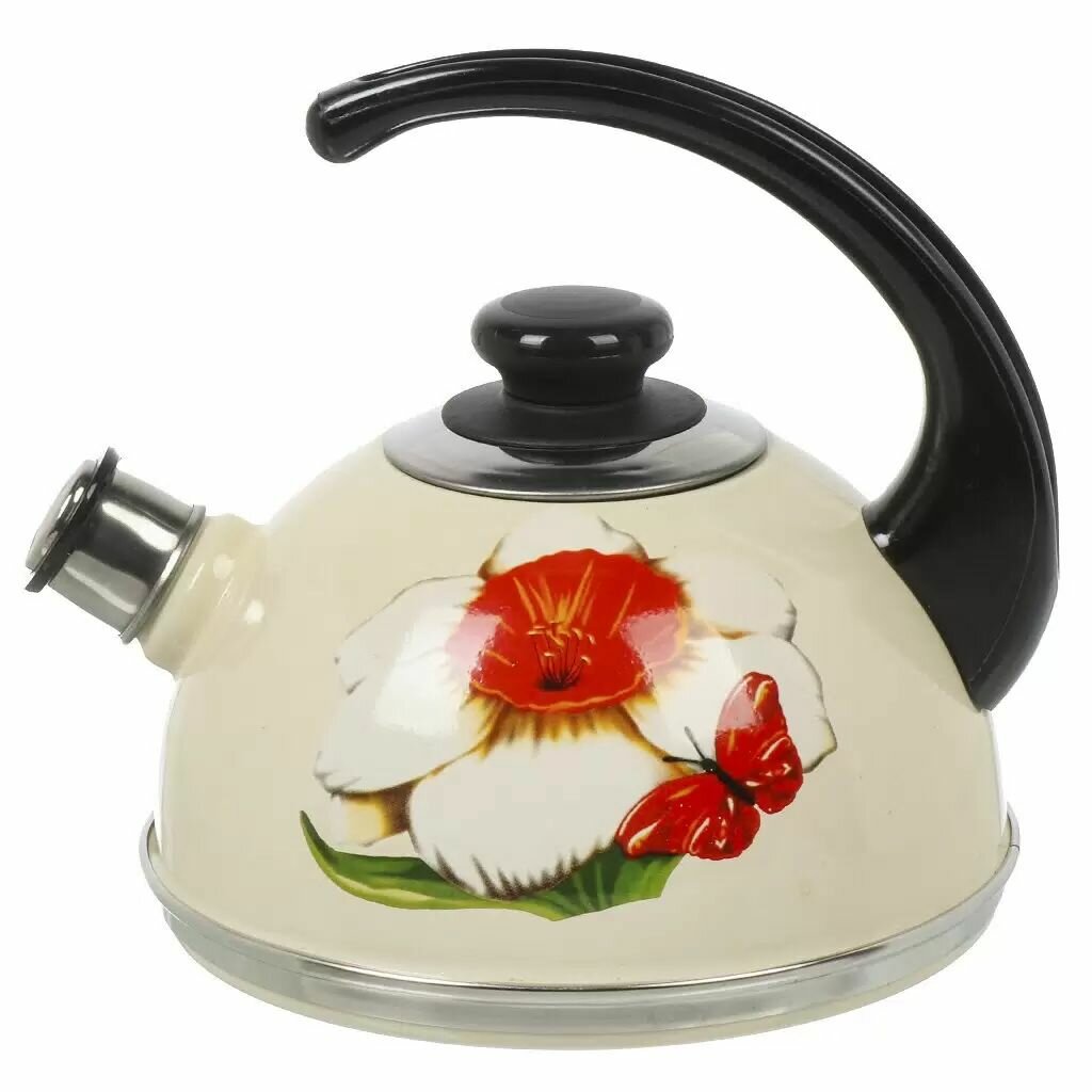 Чайник Рубин стальной эмалированный, 2,5 л, со свистком, с консольной ручкой, Нарцисс, слоновая кость