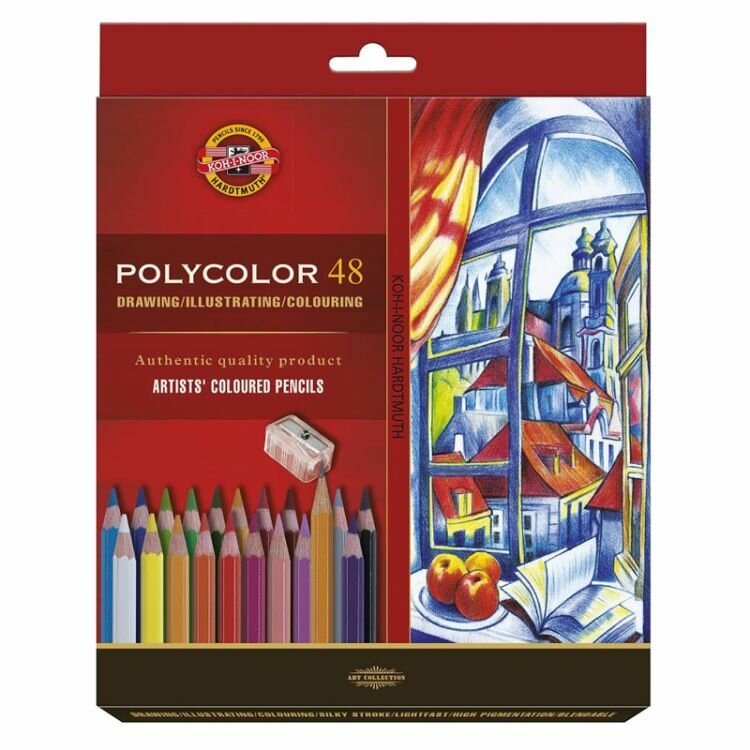 Карандаши цветные художественные Koh-I-Noor "Polycolor 3836", 48цв, заточен.+ точилка+2 ч/гр. кар. 1500, картон, европодвес