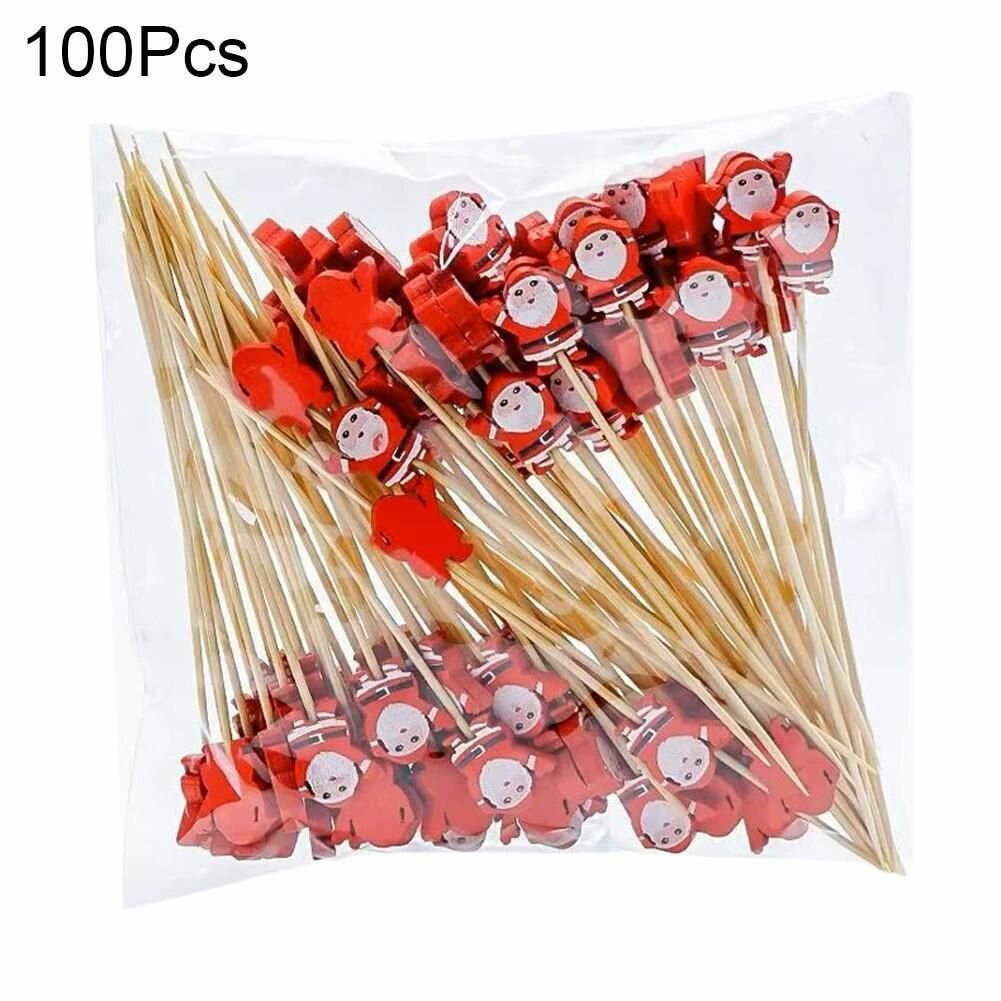 Упаковка 100 одноразовых рождественских палочек для фруктов: Санта-Клаус, сосна, лось