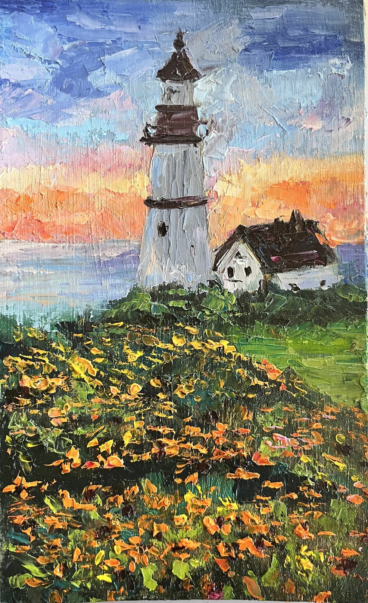 Картина маслом Маяк с домиком и цветами ручная работа 25 на 15см