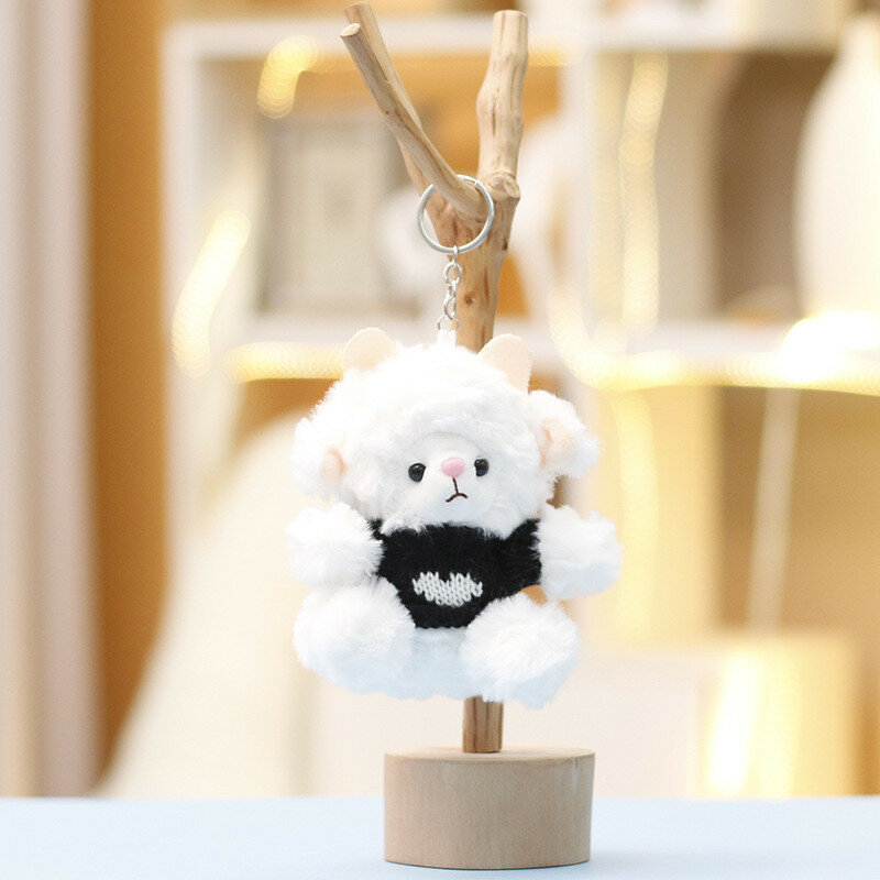Wear sweater sheep plush toy with short fur for kids bag decor and collectible gift, black