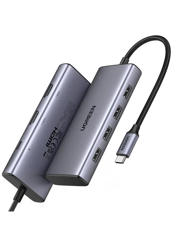 Концентратор UGREEN CM498 7-in-1 USB-C to USB-A 3.2+3*USB-A 2.0+2*HDMI+PD Port Converter, цвет: серы