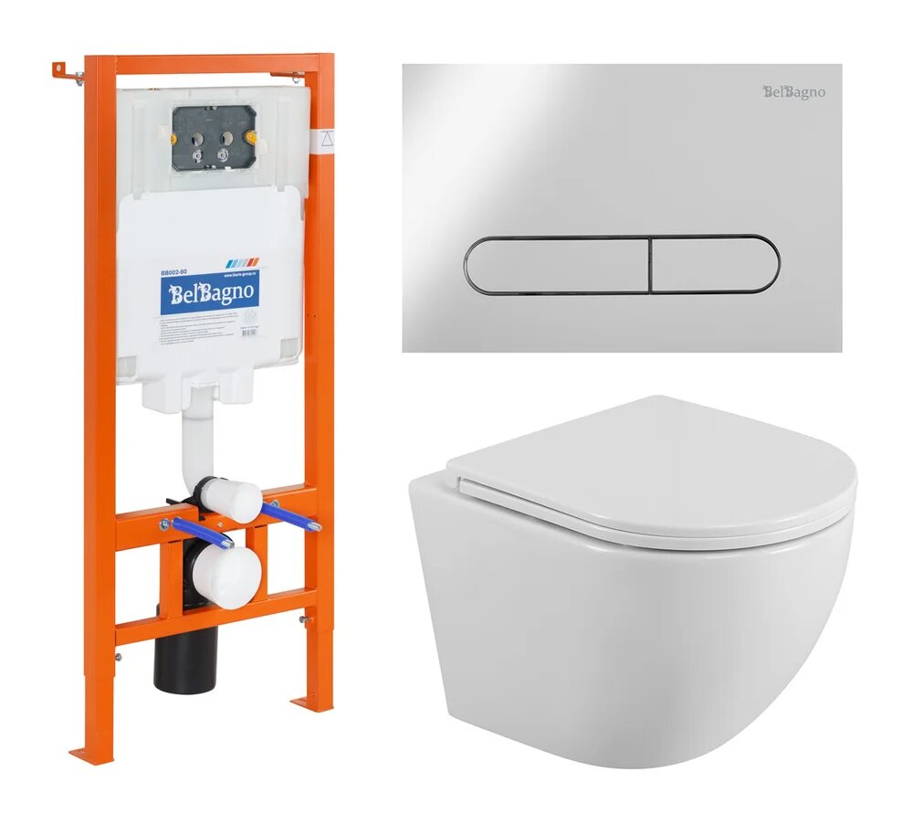 Комплект Унитаз подвесной BelBagno Uno BB3105CHR/SC безободковый, с микролифтом, инсталляция BB002-80 с кнопкой BB005-PR-CHROME
