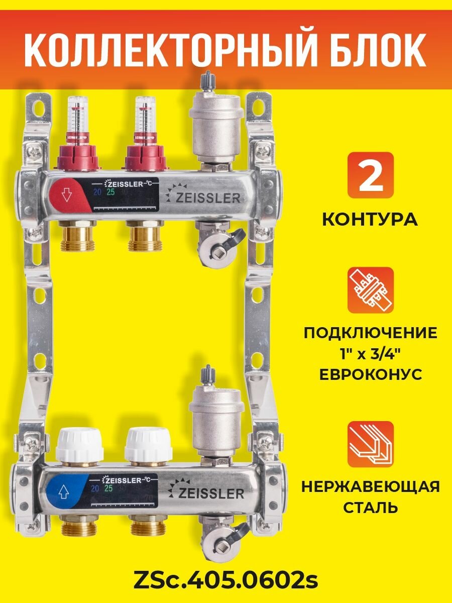 Коллекторный блок ZEISSLER на 2 выхода из нержавеющей стали с расходомерами, термостатическими клапанами, дренажными клапанами и авто-воздухоотводчиками 1*3/4 ЕК