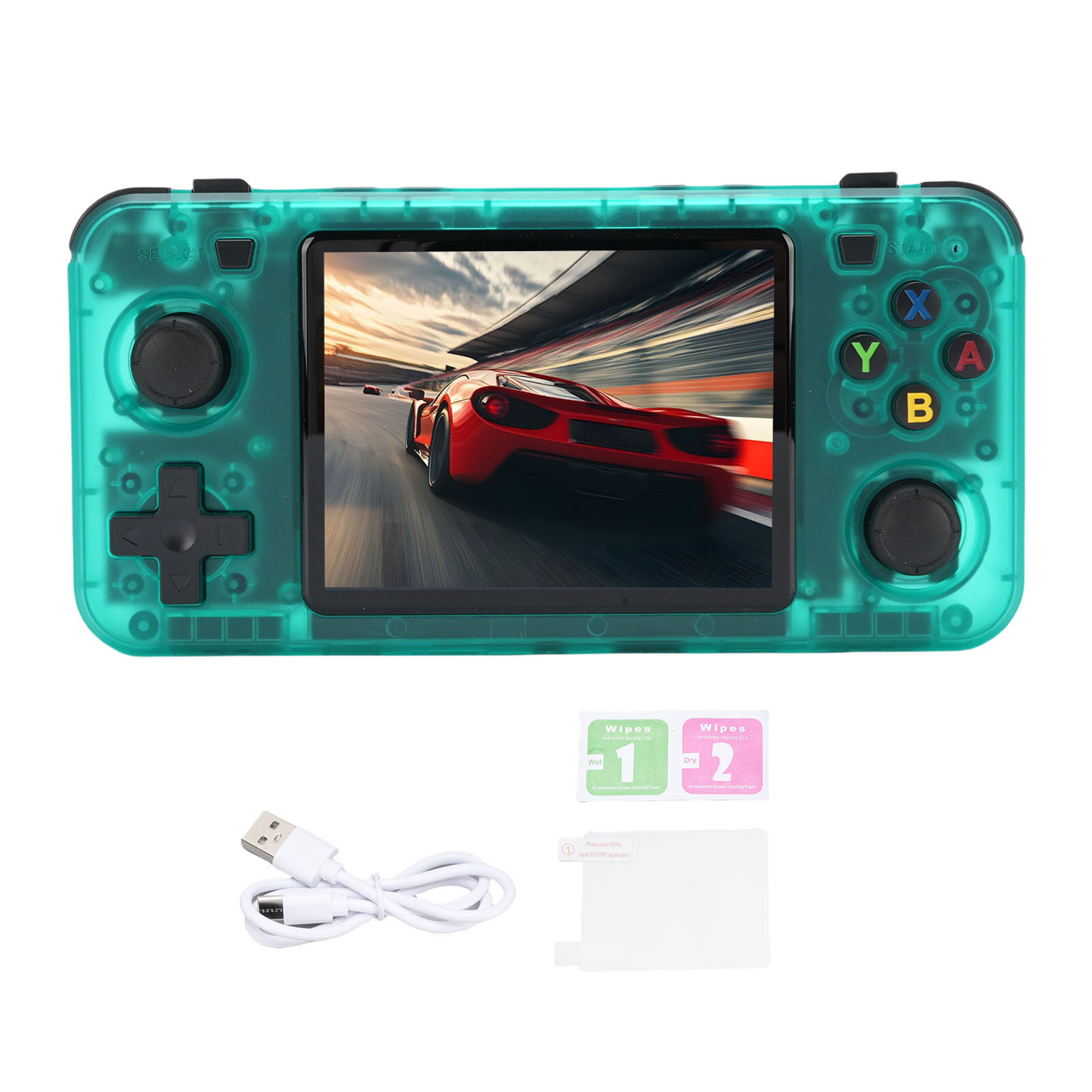 Портативная игровая консоль для системы Linux, 3,5-дюймовый HD-экран, 64 ГБ памяти, открытый исходный код, ретро-стиль, с двумя джойстиками, прозрачно-зеленый цвет.