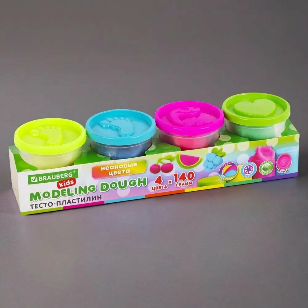 Пластилин детский. Тесто пластилин BRAUBERG, 4 цвета, 560 г, яркие неоновые цвета, крышки-штампики