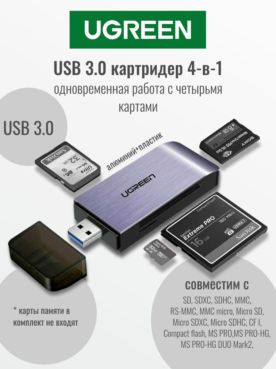 Кардридер UGreen CM180 серебристый (50541) USB-A 3.0 to TF/SD/CF/MS Multifunction Card Reader Multi-Read. серый космос