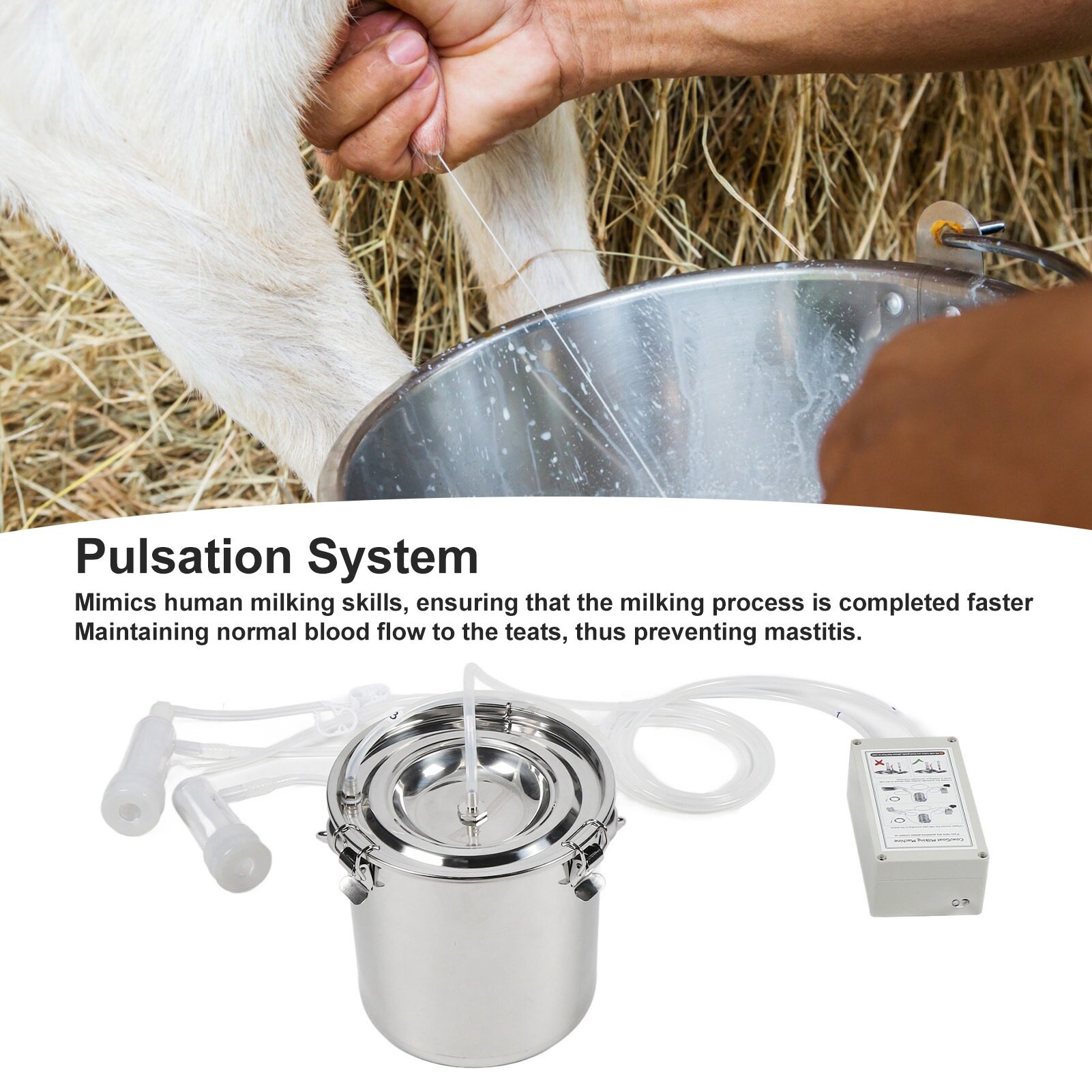 7L Доильный аппарат для коз из нержавеющей стали, портативный пульсирующий вакуумный насос, электрическая доильная машина, регулируемое всасывание, защита от перелива, вилка США