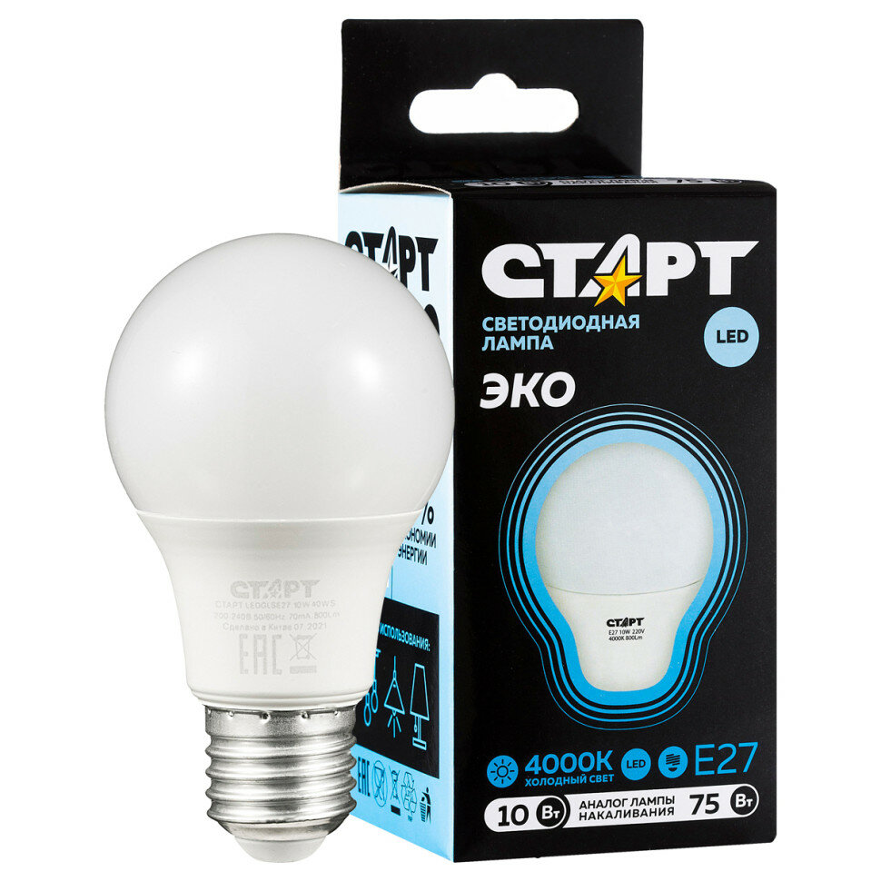 Лампа светодиодная Старт LED, серия "WS" 10W40, тип А "груша", E27, 4000К, нейтральный свет, 25000ч, 385687