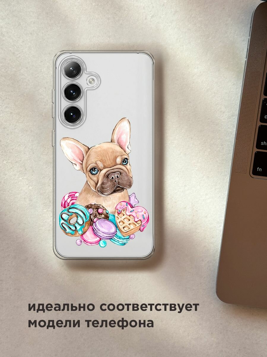 Чехол на Samsung Galaxy S24 / Самсунг S24 с принтом "Бульдог и сладости", прозрачный — фото 1