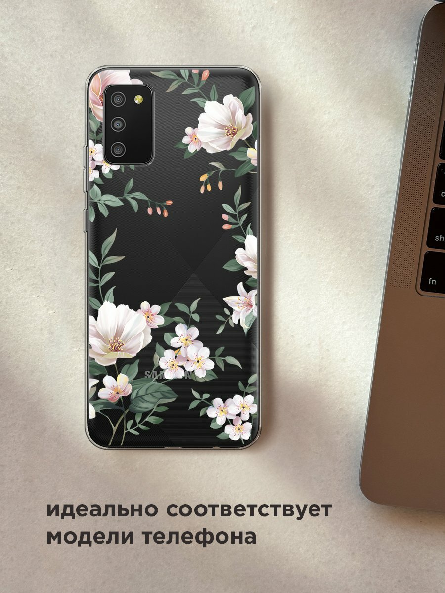 Чехол на Samsung Galaxy A02s / Самсунг Галакси A02s с принтом "Beautiful white flowers", прозрачный — фото 1